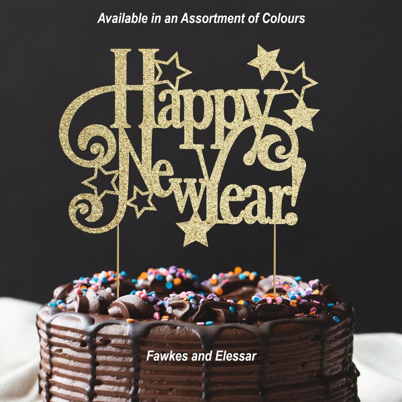Happy New Year in Script Font With Stars Cake Topper in Glitter Card ...
