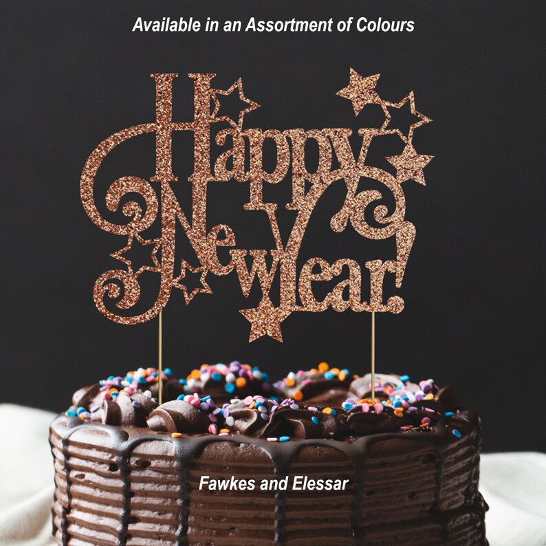 Happy New Year in Script Font With Stars Cake Topper in Glitter Card ...