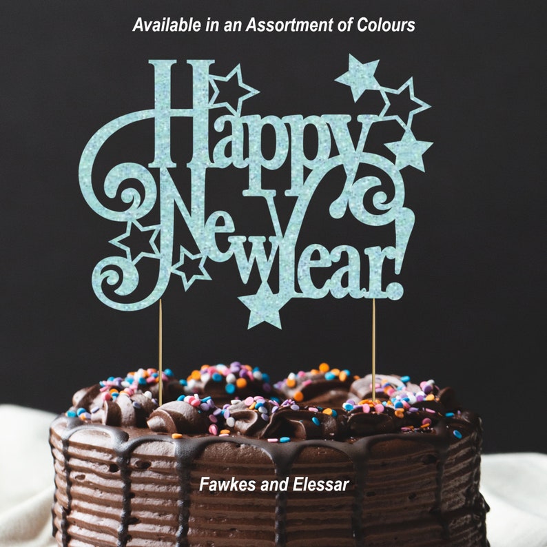 Happy New Year in Script Font With Stars Cake Topper in Glitter Card ...