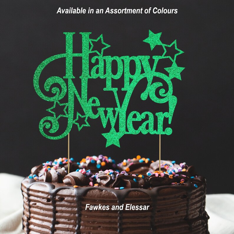 Happy New Year in Script Font With Stars Cake Topper in Glitter Card ...