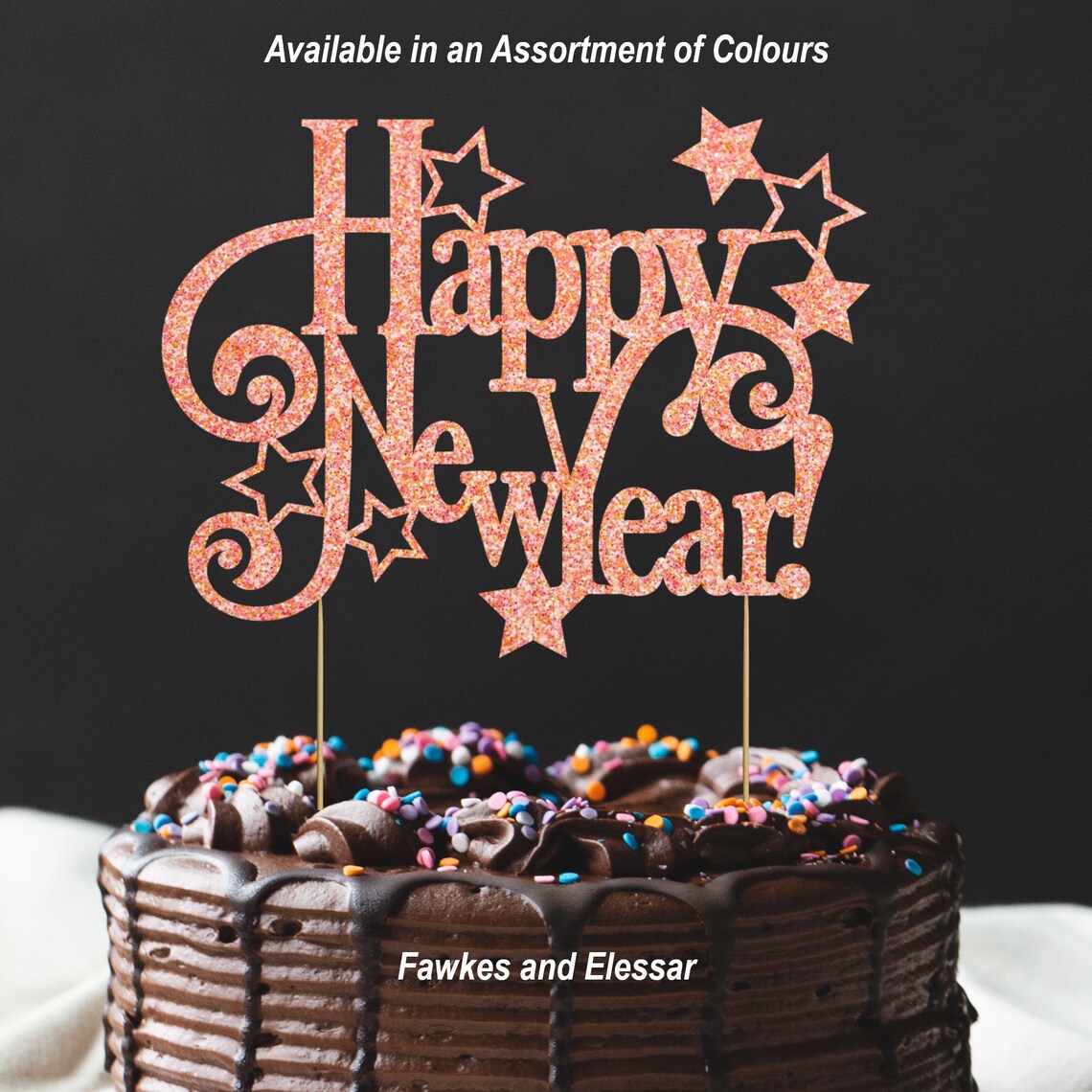 Happy New Year in Script Font With Stars Cake Topper in Glitter Card ...