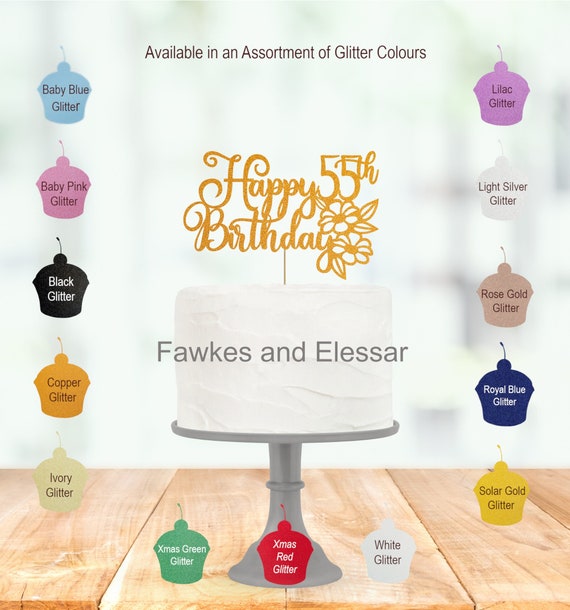 Happy 55th Birthday Cake Topper With Flower Design in Glitter | Etsy