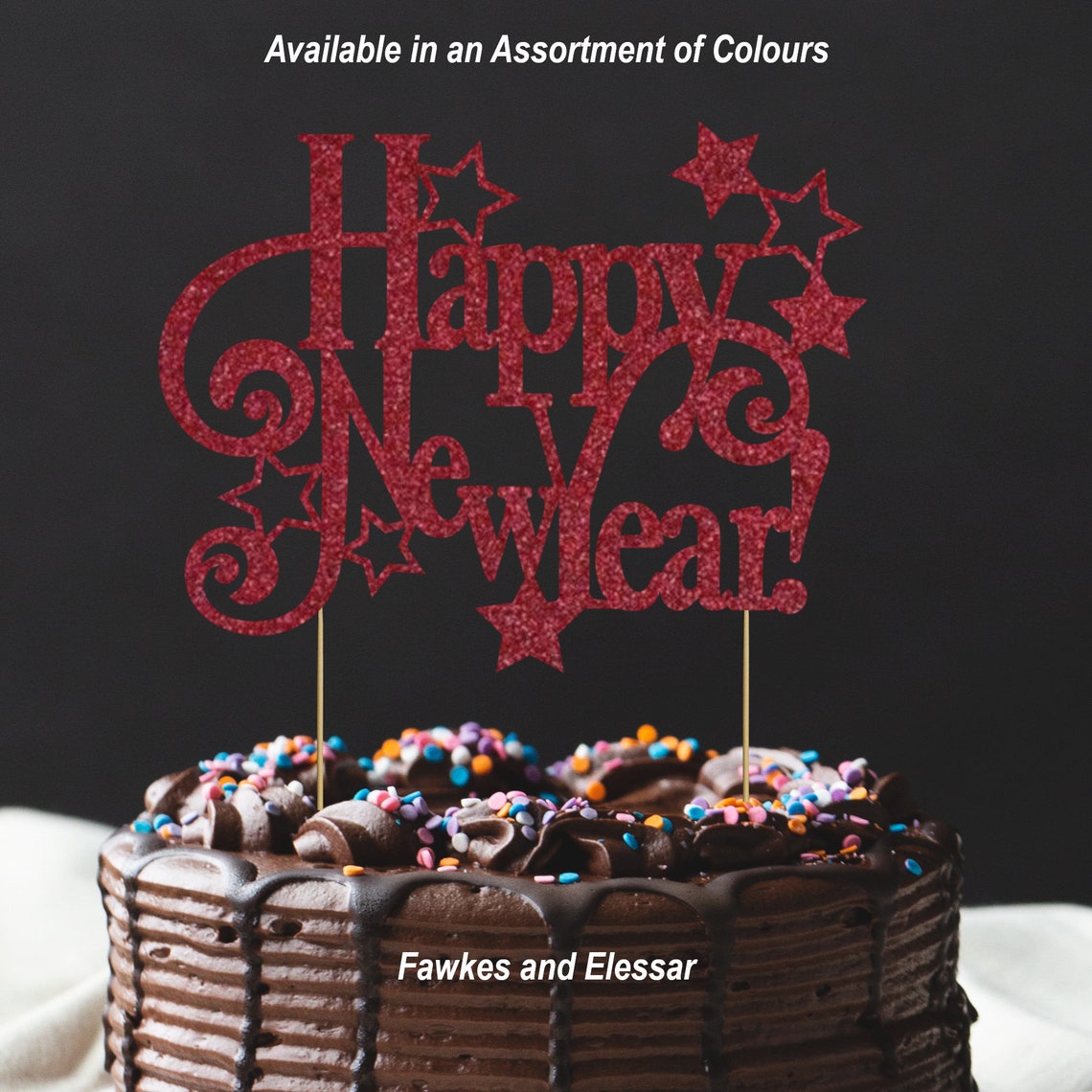 Happy New Year in Script Font With Stars Cake Topper in Glitter Card ...