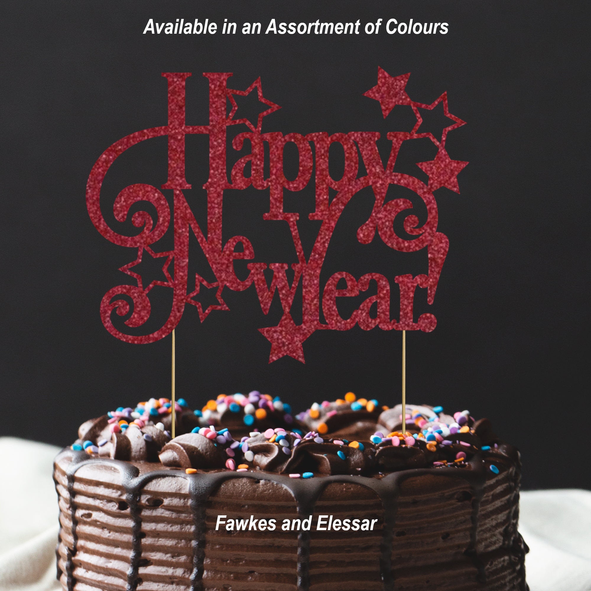 Happy New Year in Script Font With Stars Cake Topper in Glitter Card ...