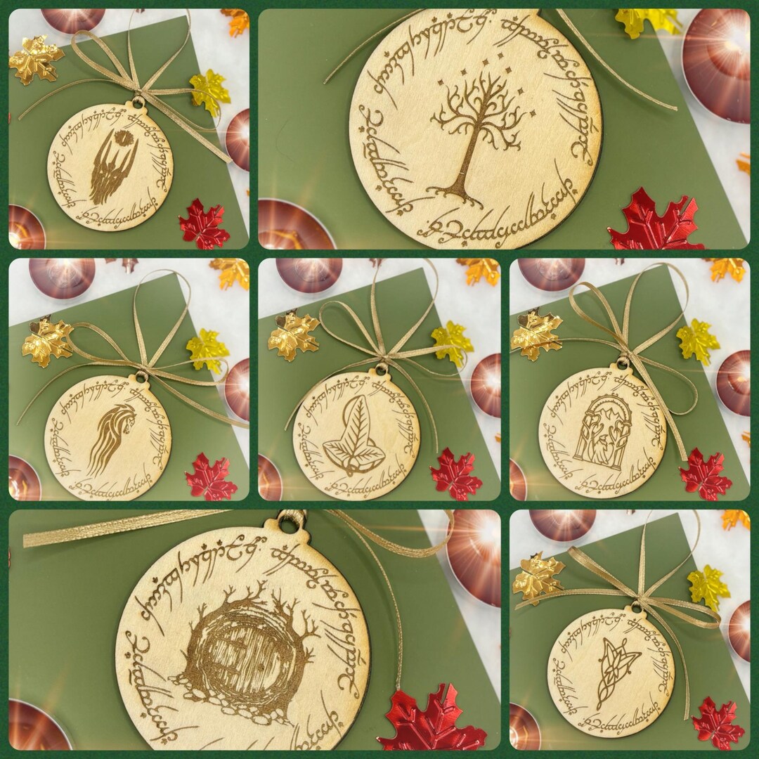 Middle Earth Locations Wood Christmas Bauble Gold Ribbon Tolkien Icon ...