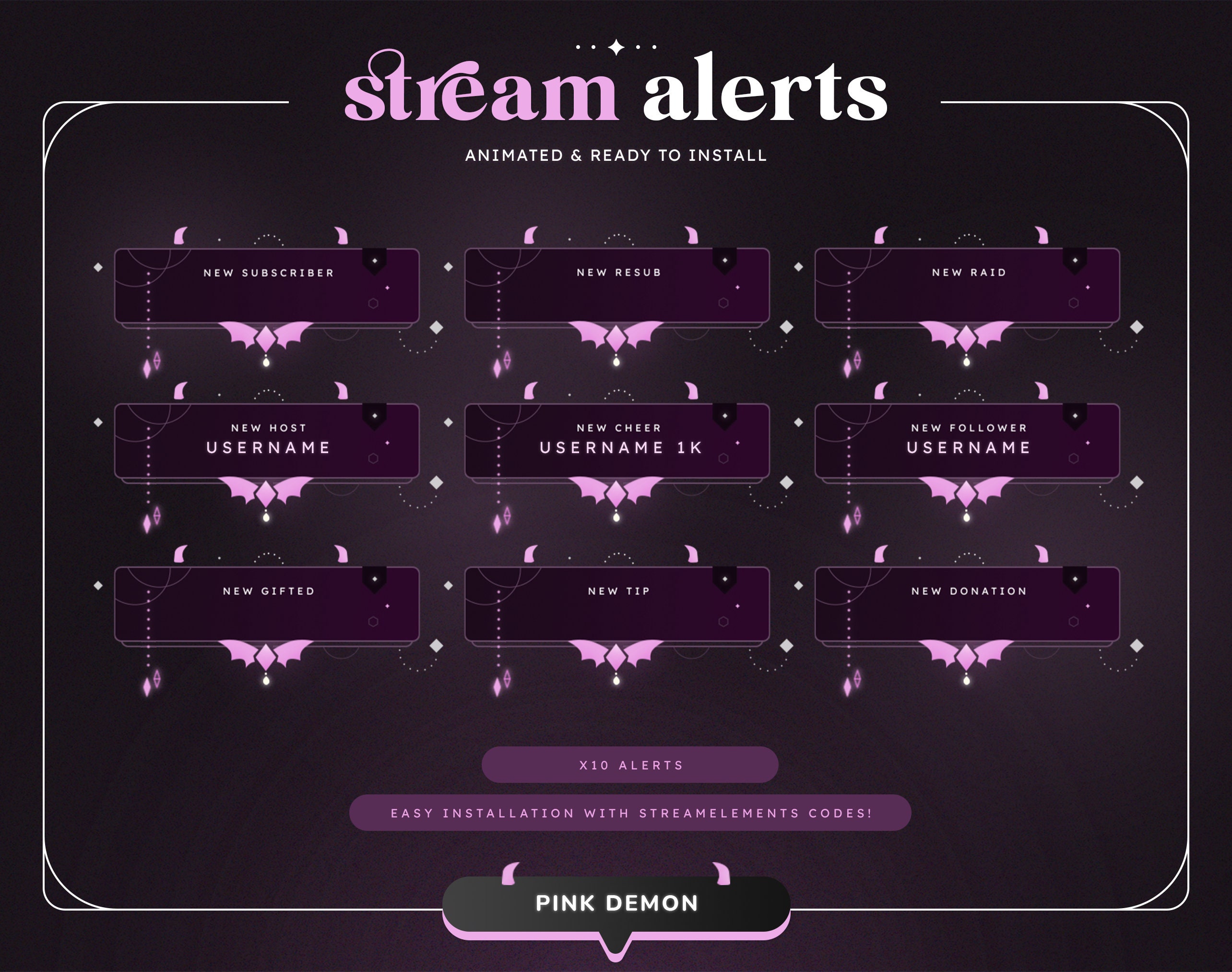 ANIMATED Pink Demon Stream Alerts Twitch Streamer Cosmic Soft Gradient ...