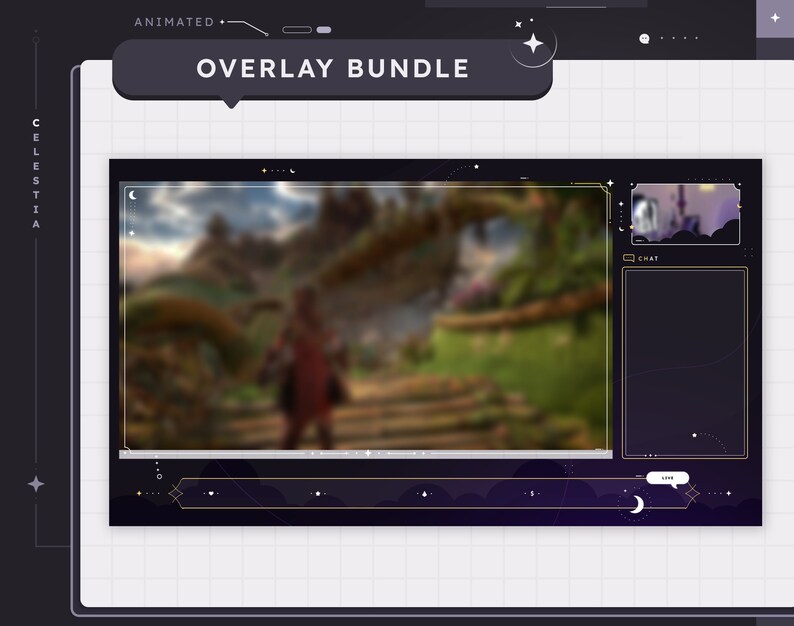 ANIMATED Celestia Overlay Bundle Twitch Package Overlays Just Chatting Intermission Chatbox ...