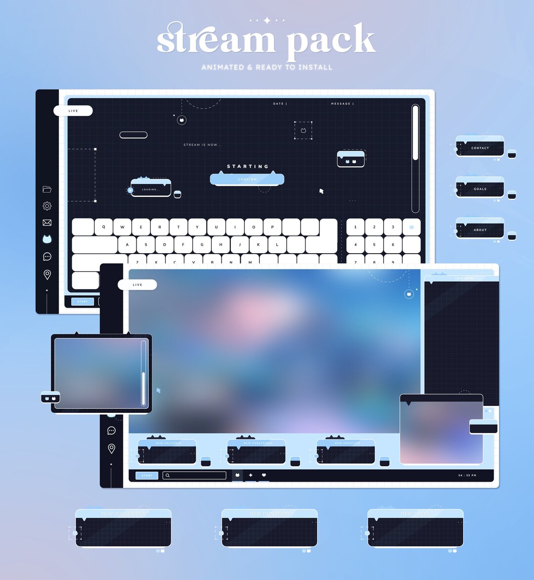 ANIMATED Browser Kitty Stream Bundle Twitch Package Blue Overlays ...