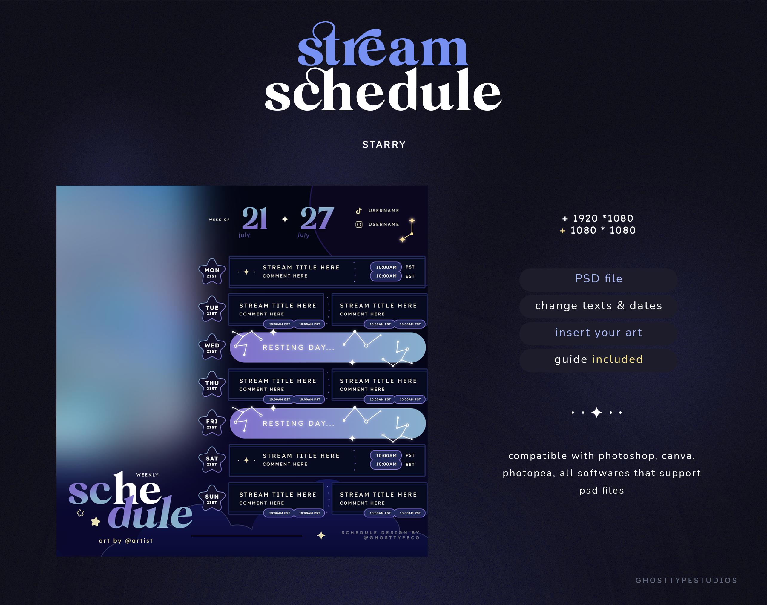 Editable Starry Stream Schedule | PSD Files | 1920*1080 and 1080*1080 ...