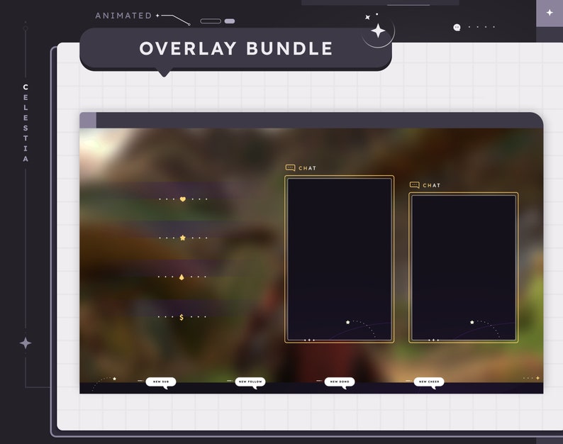 ANIMATED Celestia Overlay Bundle Twitch Package Overlays Just Chatting Intermission Chatbox ...