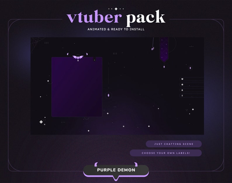 ANIMATED Purple Demon Vtuber Overlay Bundle Twitch Overlays Just ...