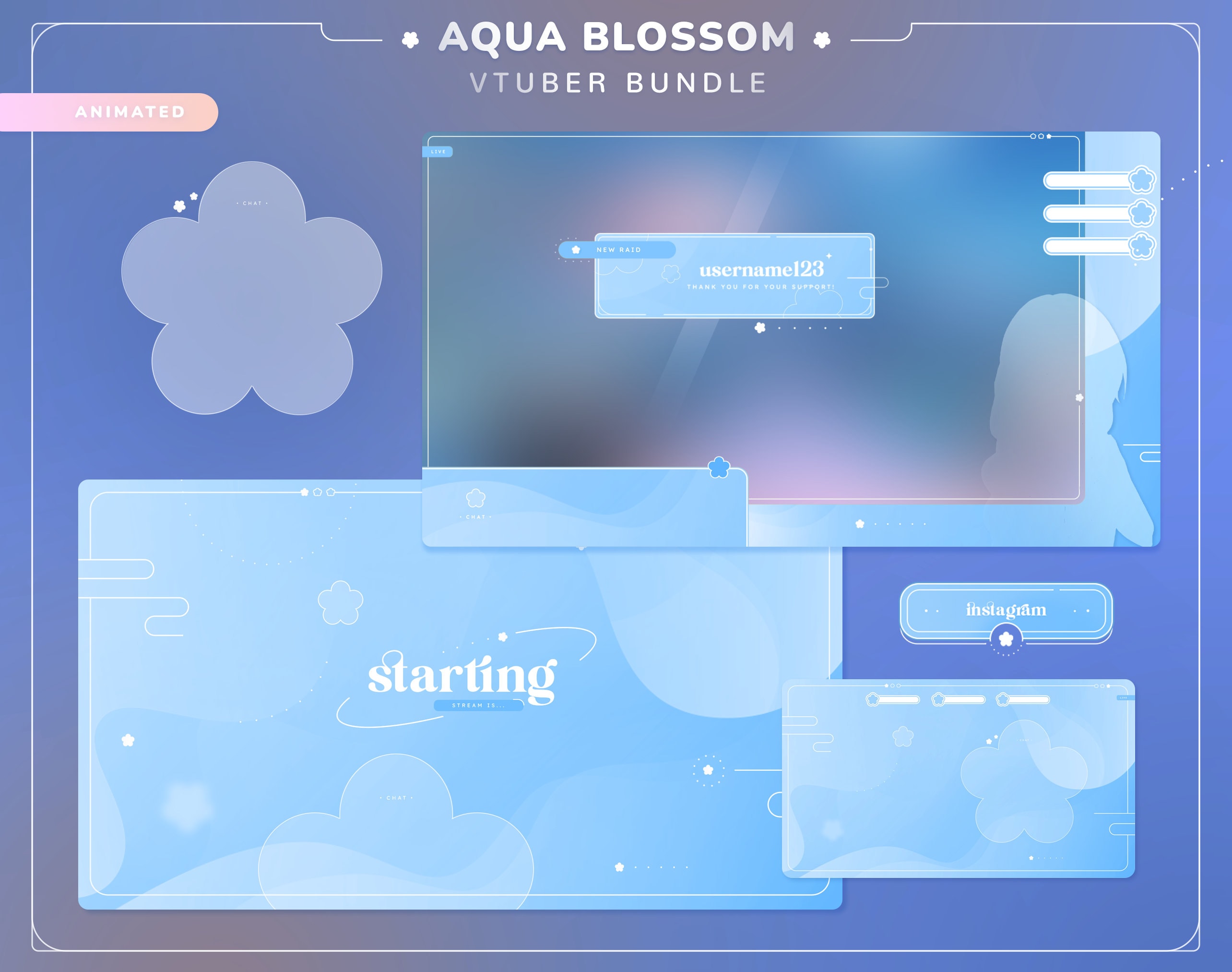 ANIMATED Aqua Blossom Vtuber Bundle Twitch Package Overlays Screens ...