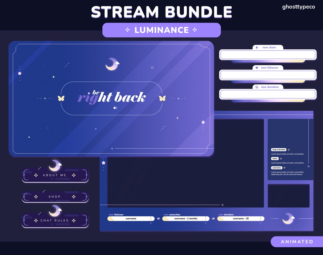 ANIMATED Luminance Stream Bundle Twitch Package Overlays Screens Alerts ...