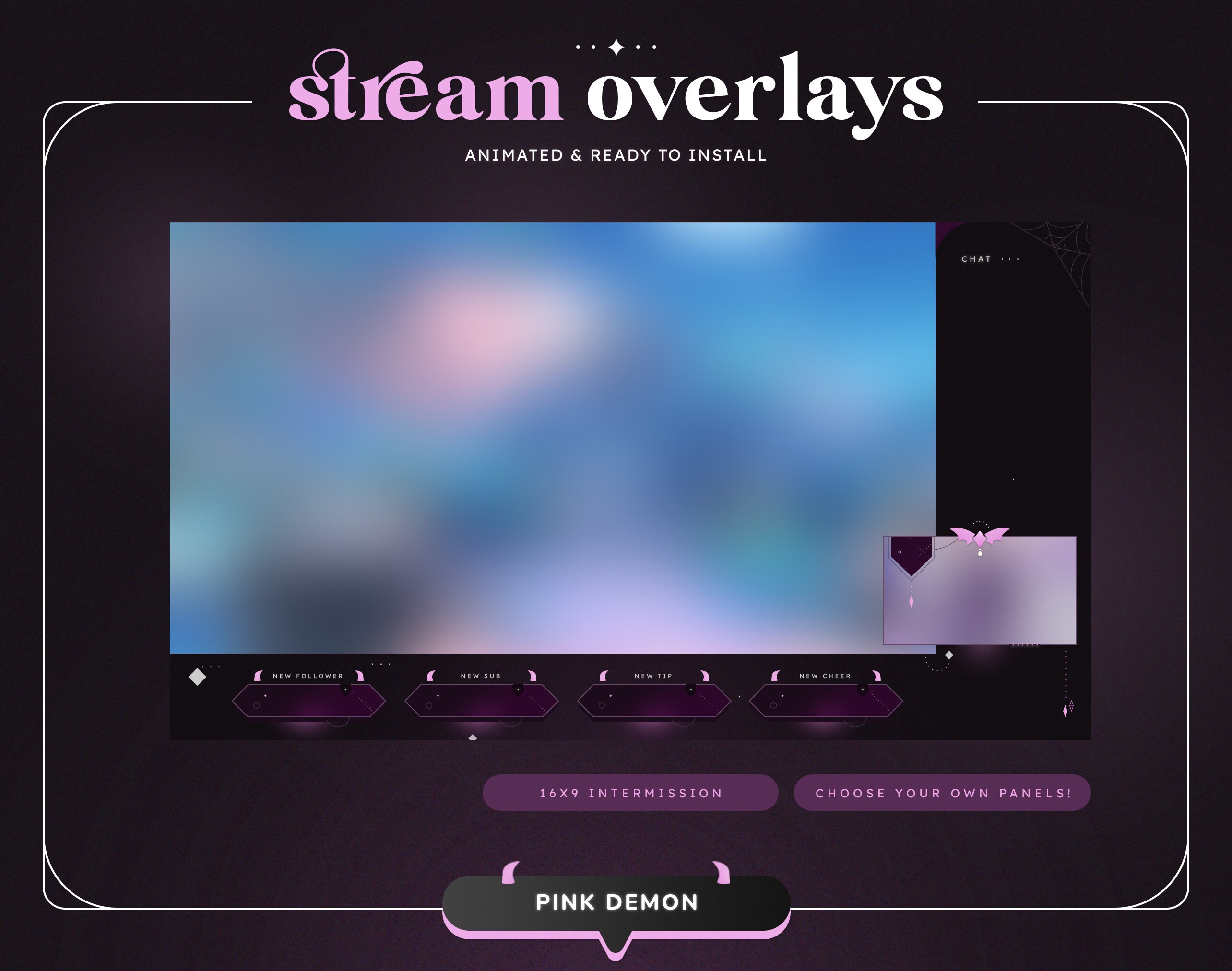 ANIMATED Pink Demon Overlay Bundle Twitch Overlays Just Chatting ...