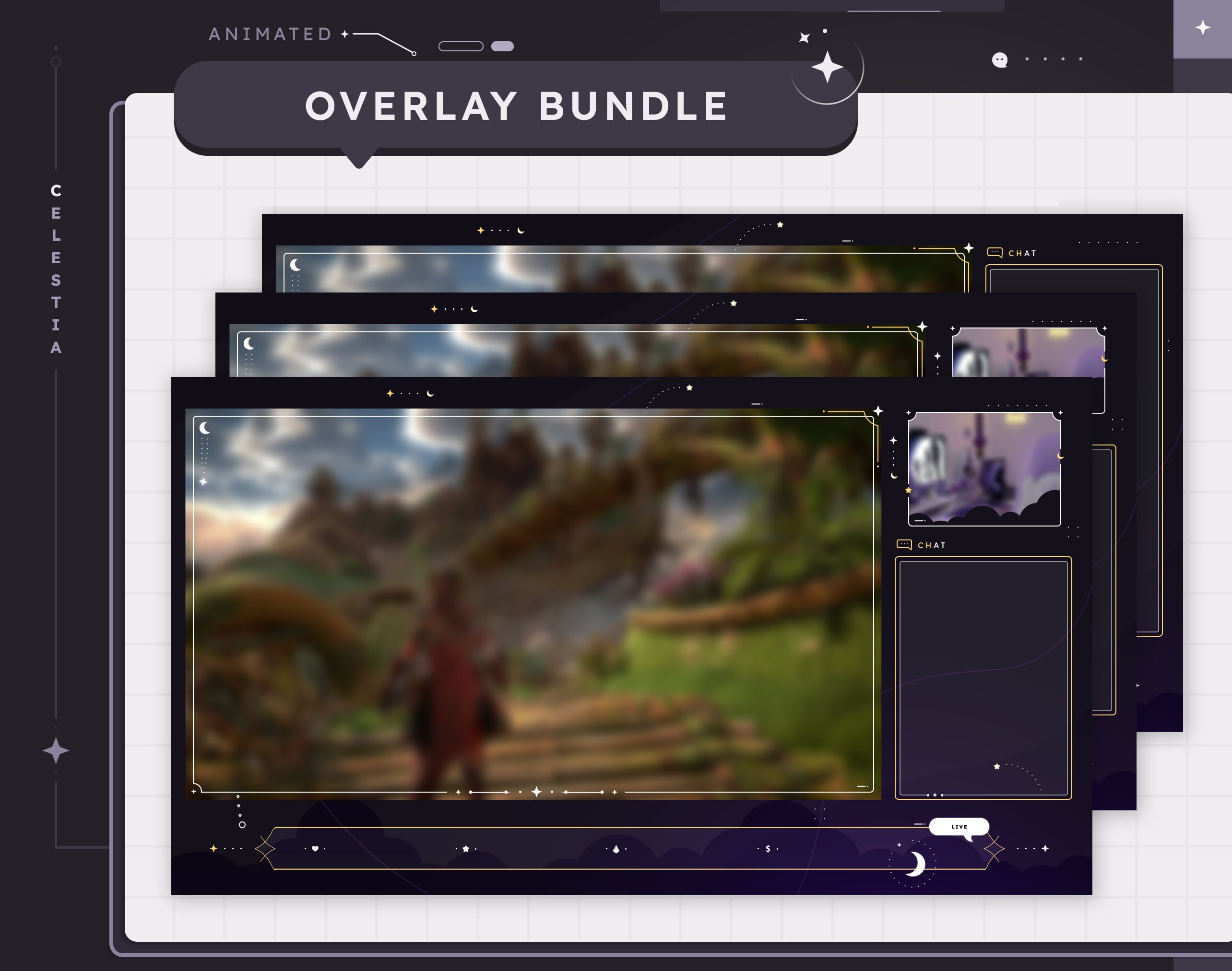 ANIMATED Celestia Overlay Bundle Twitch Package Overlays Just Chatting Intermission Chatbox ...