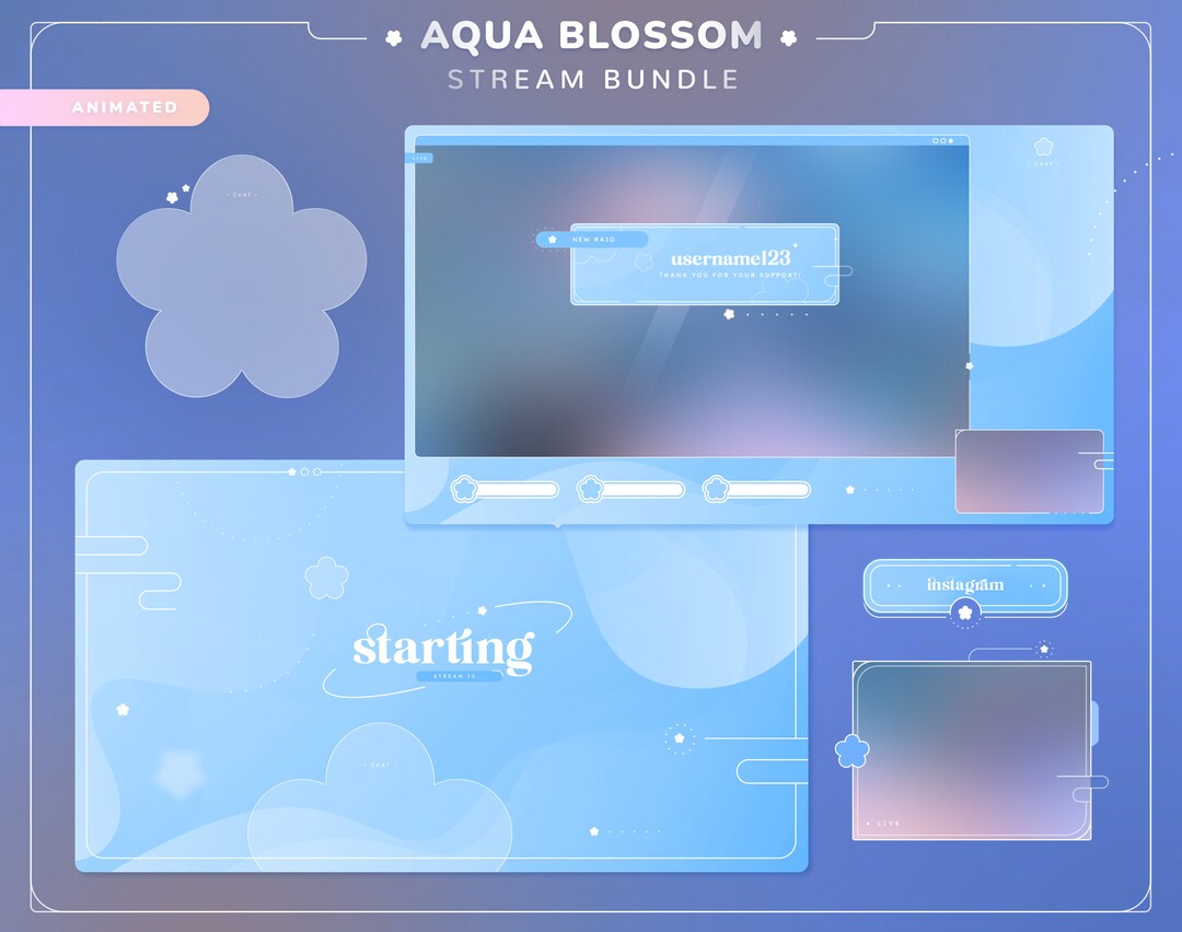 ANIMATED Aqua Blossom Stream Bundle | Twitch Package | Overlays ...