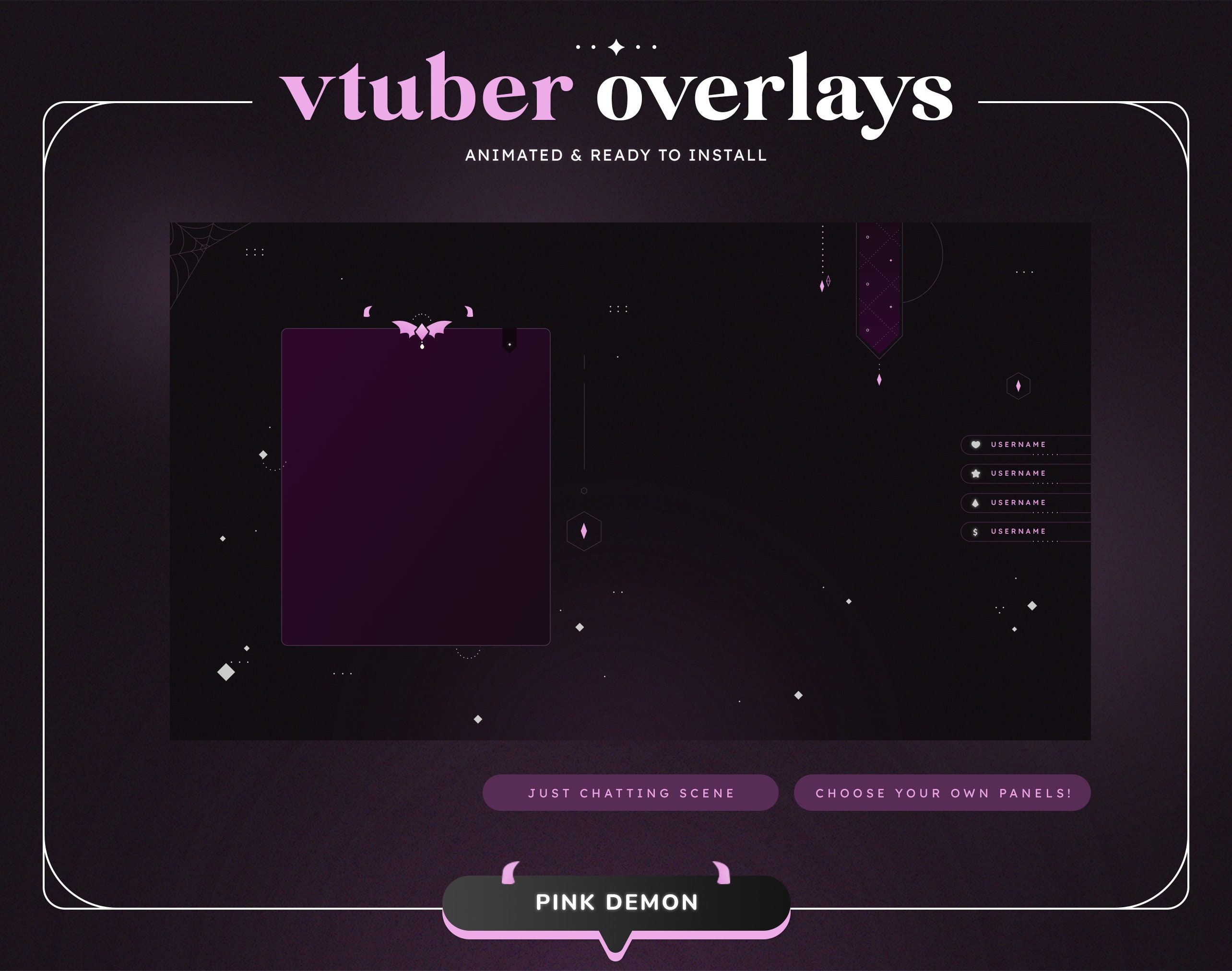 ANIMATED Pink Demon Vtuber Overlay Bundle Twitch Overlays Just Chatting ...