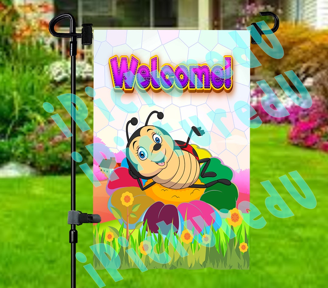Welcome Garden Flag With A Lady Bug on Flower Sublimation Design ...