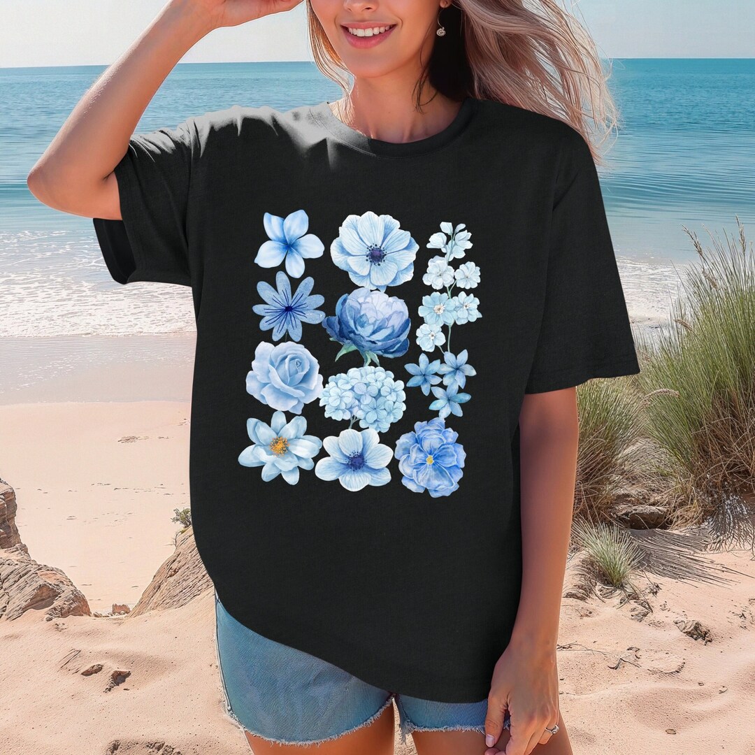 Blue Flower Shirt Botanical Shirt Aesthetic Clothes Floral Tshirt ...
