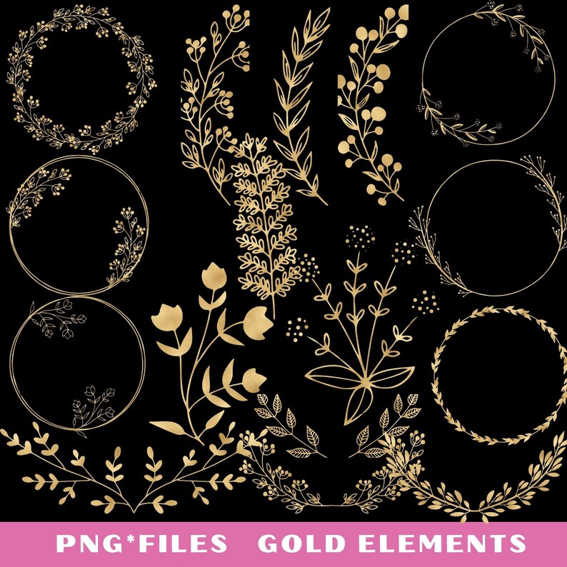 Gold Floral Clipart, Golden Leaves PNG, Design Elements, Gold Botanical ...