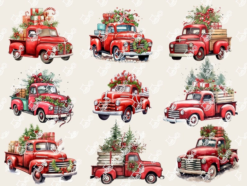Watercolor Christmas Red Truck Clipart,christmas Truck PNG Bundle ...