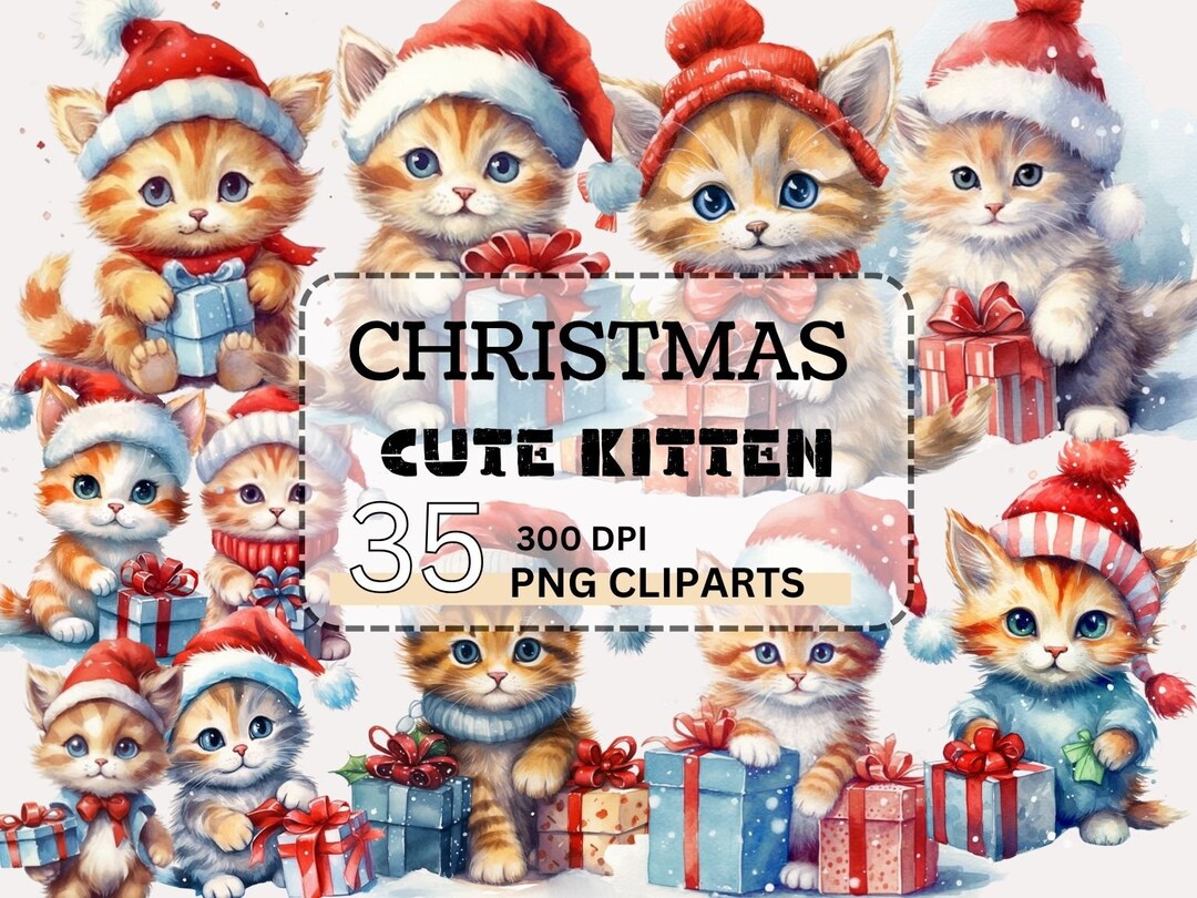 Christmas Cats Watercolor Clipart,holiday Cute Kitten Png,transparent ...