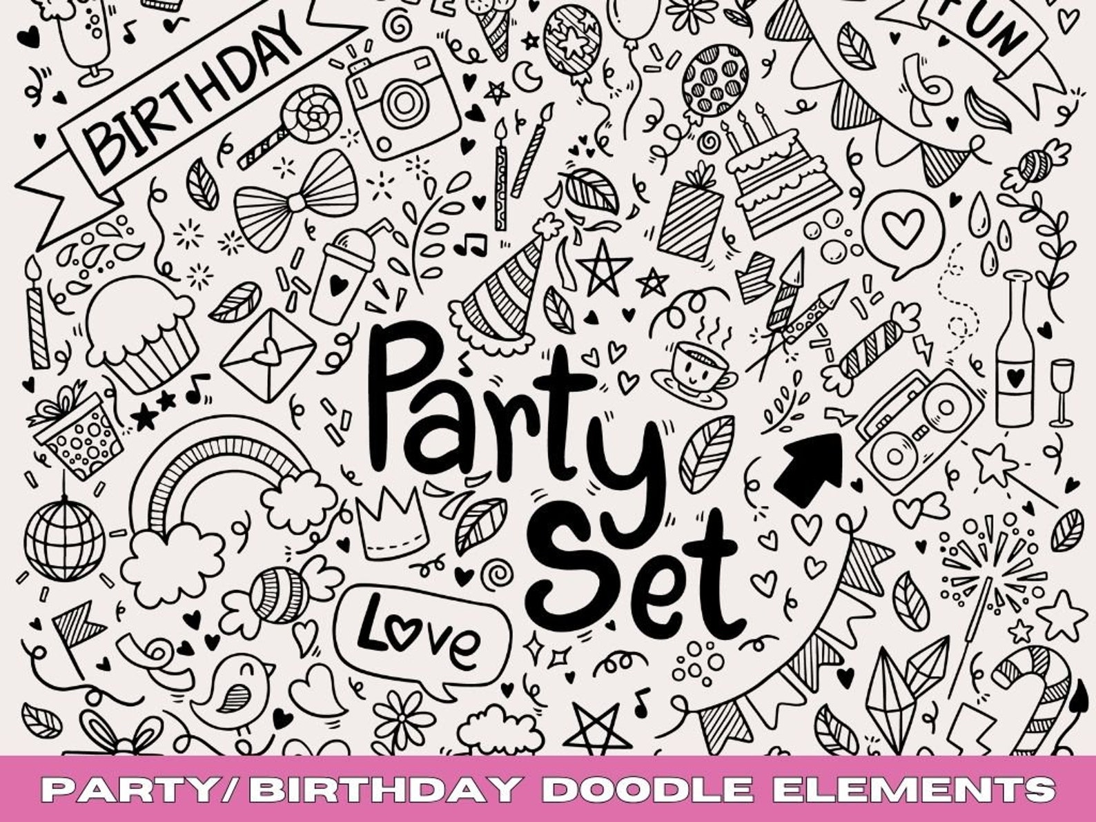 Doodle Party Set,doodle Clipart,doodle Drawings,coloring Hand Drawn ...
