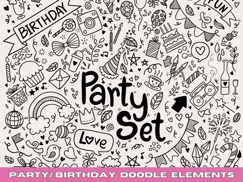 Doodle Party Set,doodle Clipart,doodle Drawings,coloring Hand Drawn ...