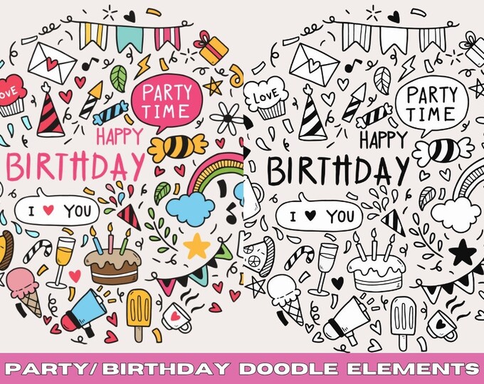Doodle Birthday Clipart, Happy Birthday, Editable Files, SVG, EPS, PNG ...