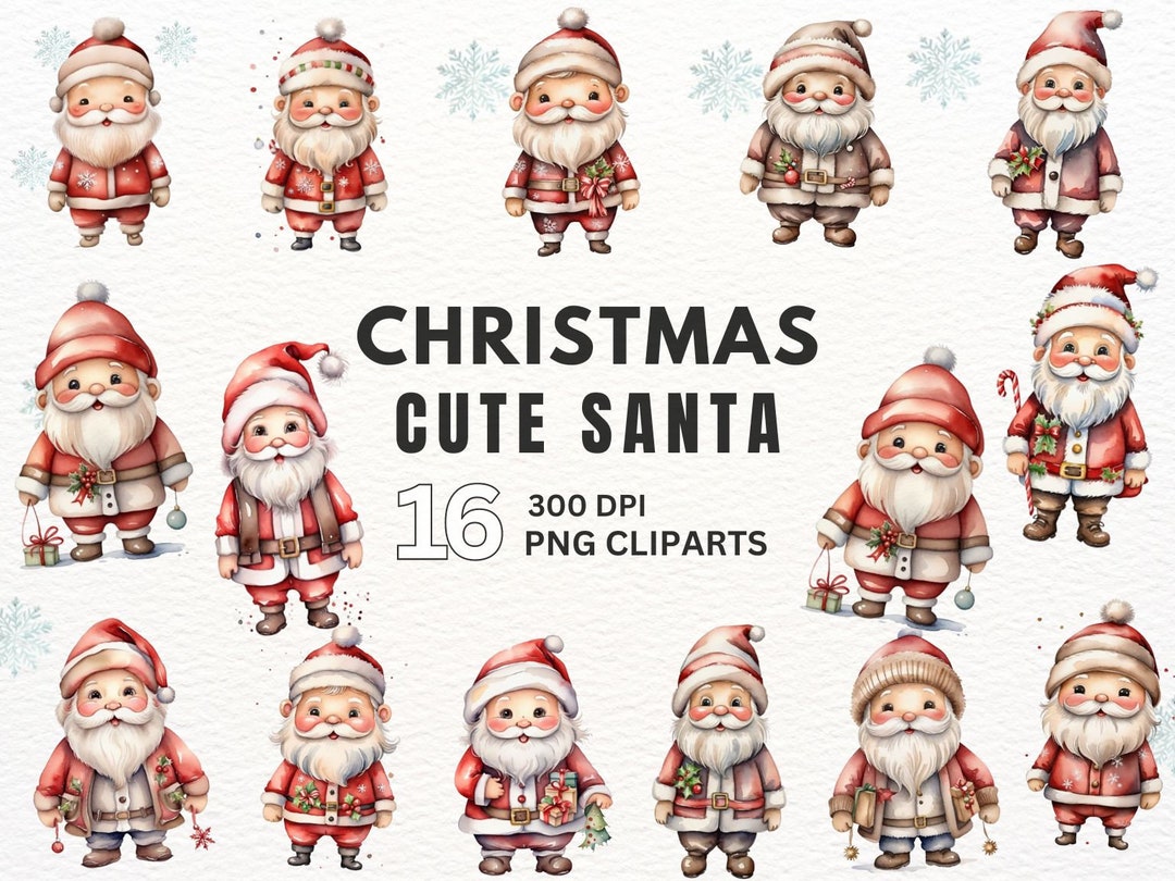 Watercolor Santa Clipart, Cute Christmas PNG Bundle (digital Download ...