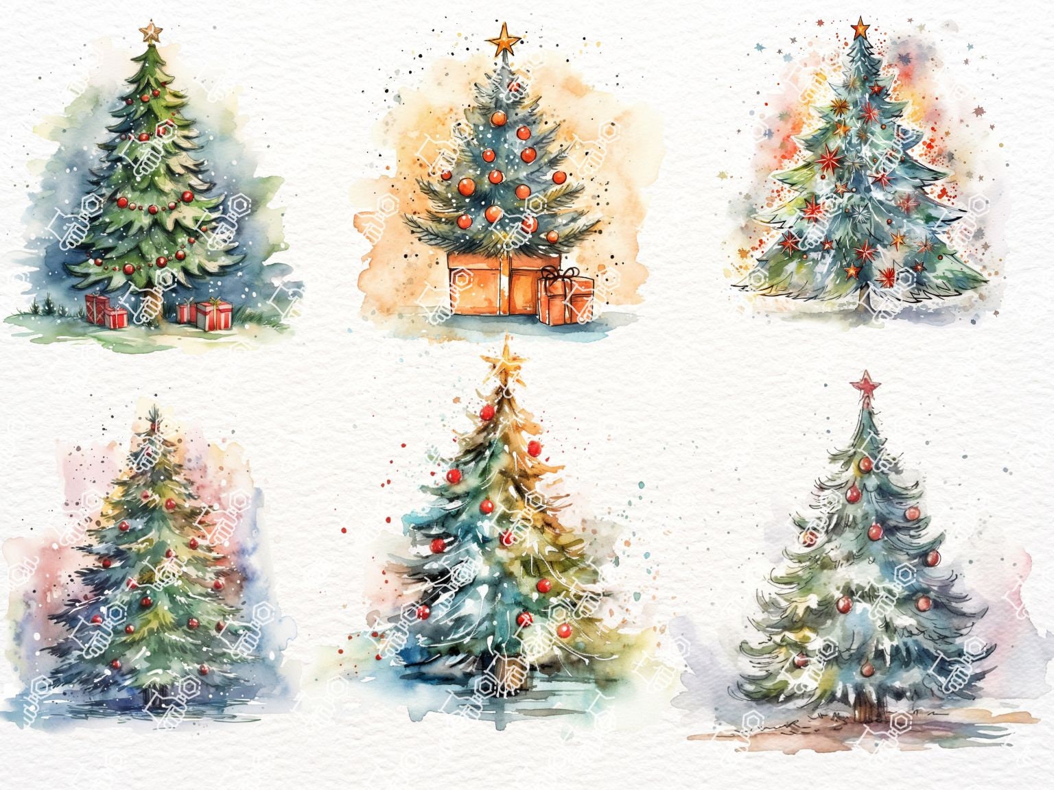 Christmas Tree Watercolor Clipart,vintage Christmas Trees Clipart ...