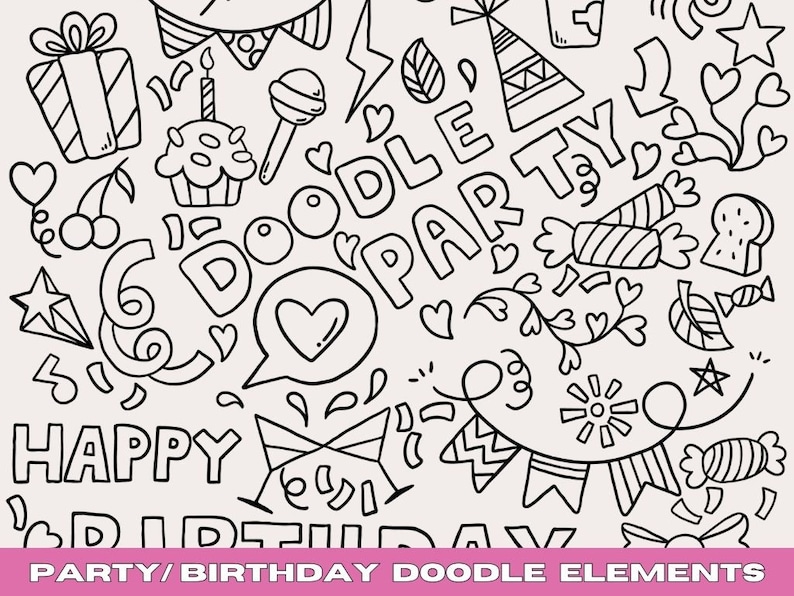 Doodle Party Set,doodle Clipart,doodle Drawings,coloring Hand Drawn ...