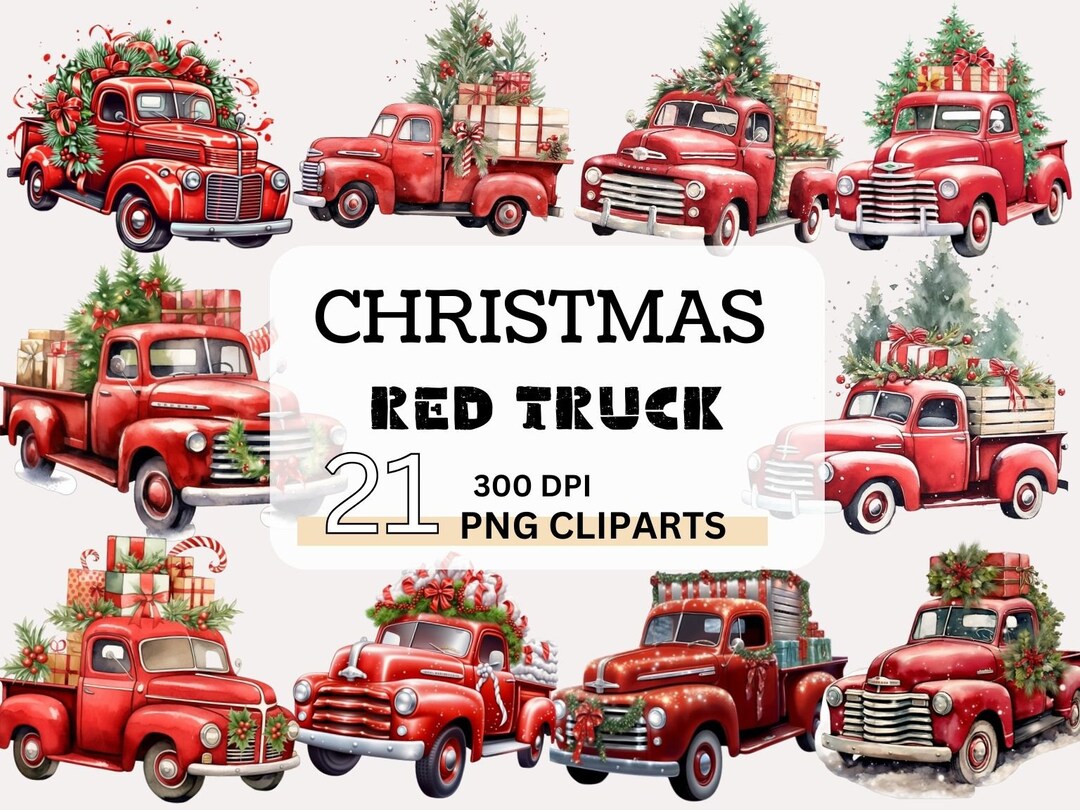 Watercolor Christmas Red Truck Clipart,christmas Truck PNG Bundle ...