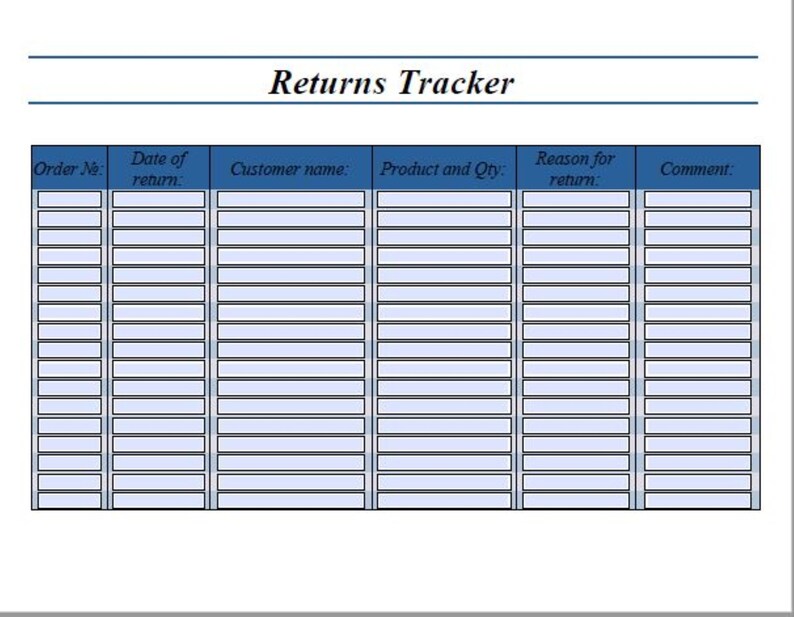 Printable Returns Tracker Template in Blue, Editable Online Business ...
