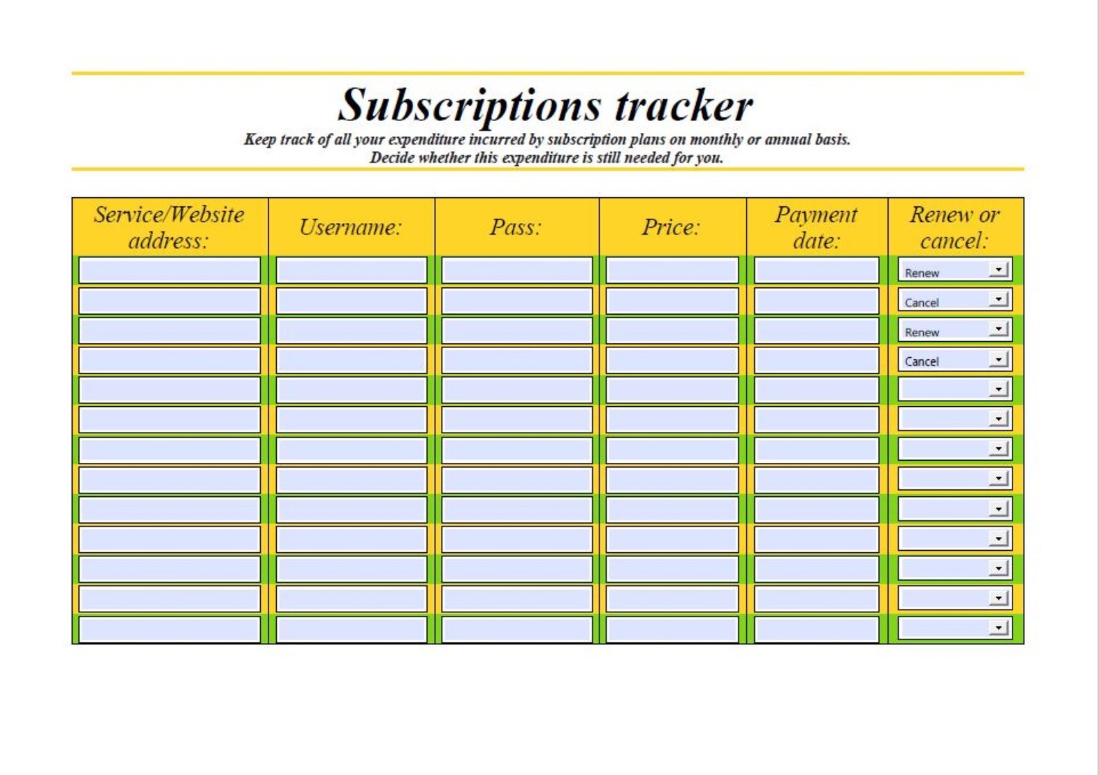 Subscription Tracker Template Subscription Tracker Template