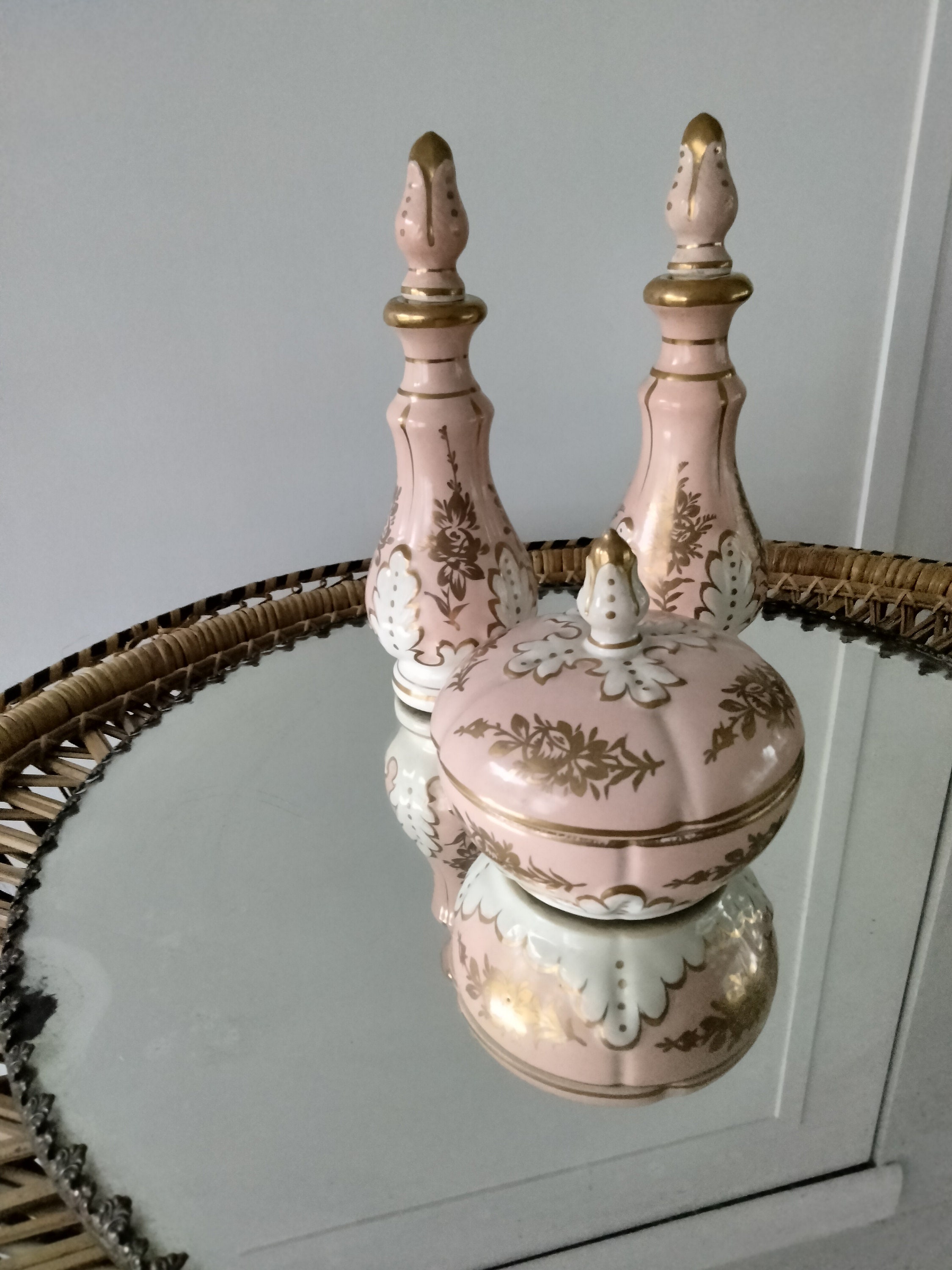 Amoges Set of 3 Hand Painted Vanity/dresser Bottles and Trinket Dish - Etsy