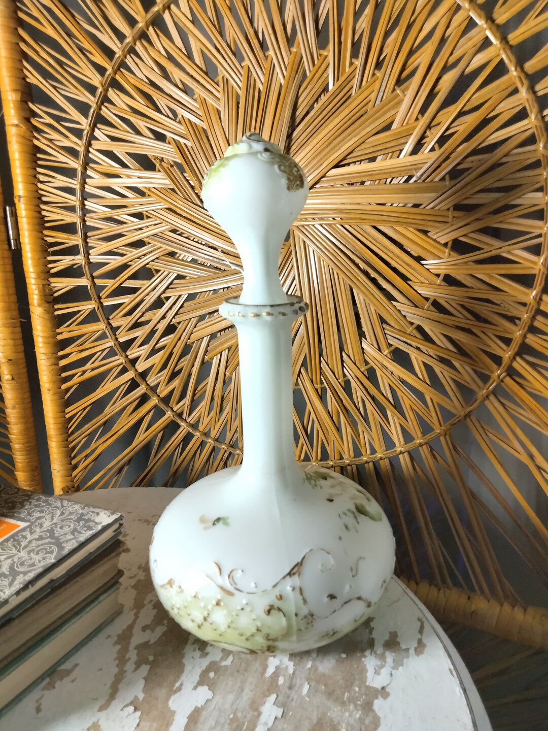 Milk Glass Decanter/dresser Bottle With Hand Painted Details - Etsy