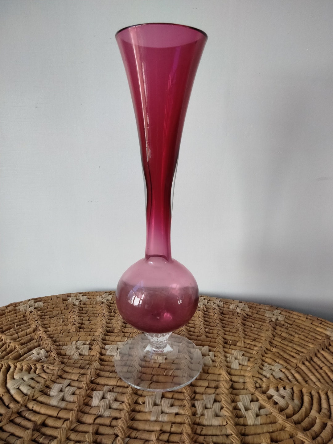 Pinkish Red Fluted Vase With Clear Glass Pedestal Base - Etsy