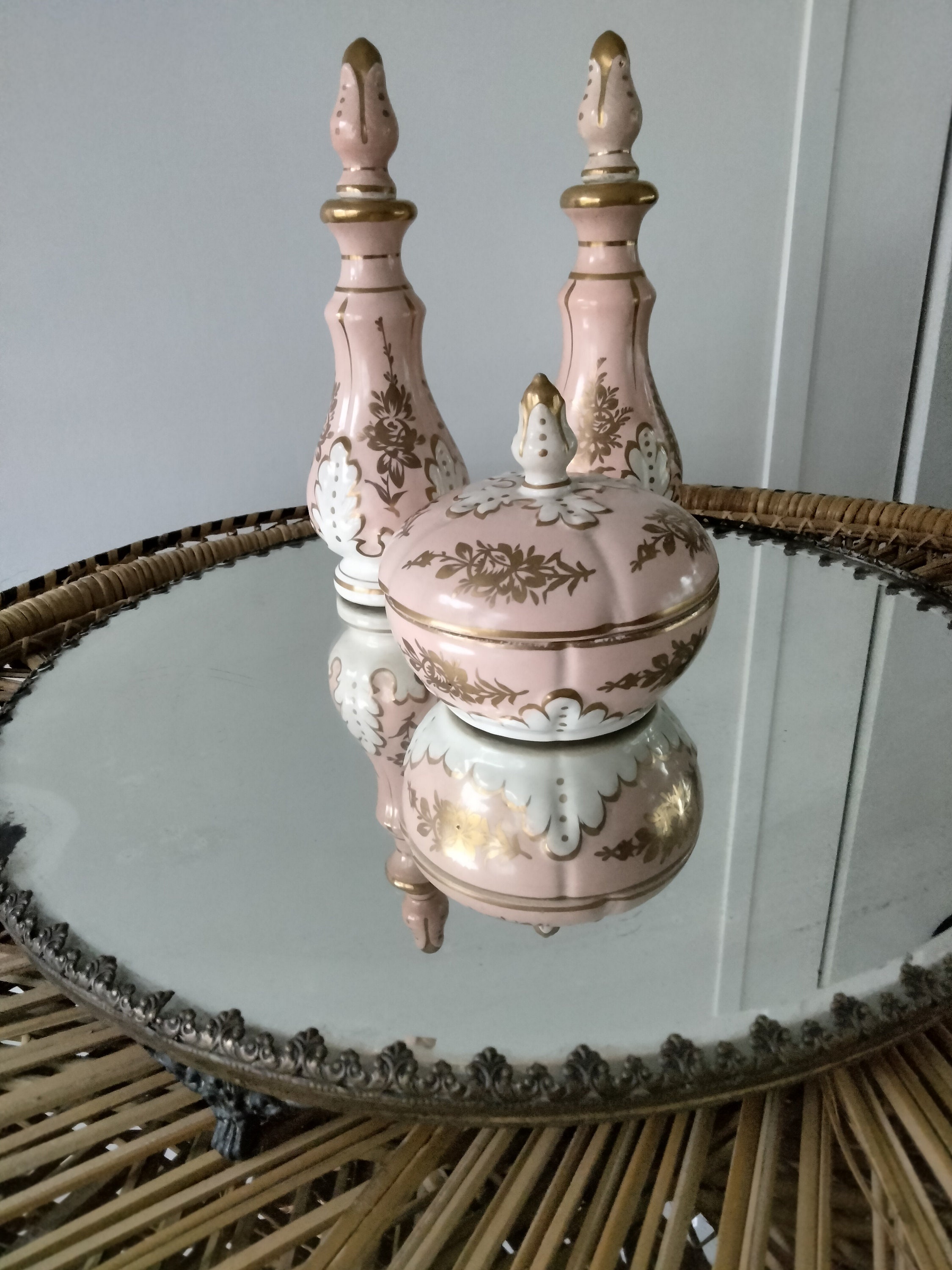 Amoges Set of 3 Hand Painted Vanity/dresser Bottles and Trinket Dish - Etsy