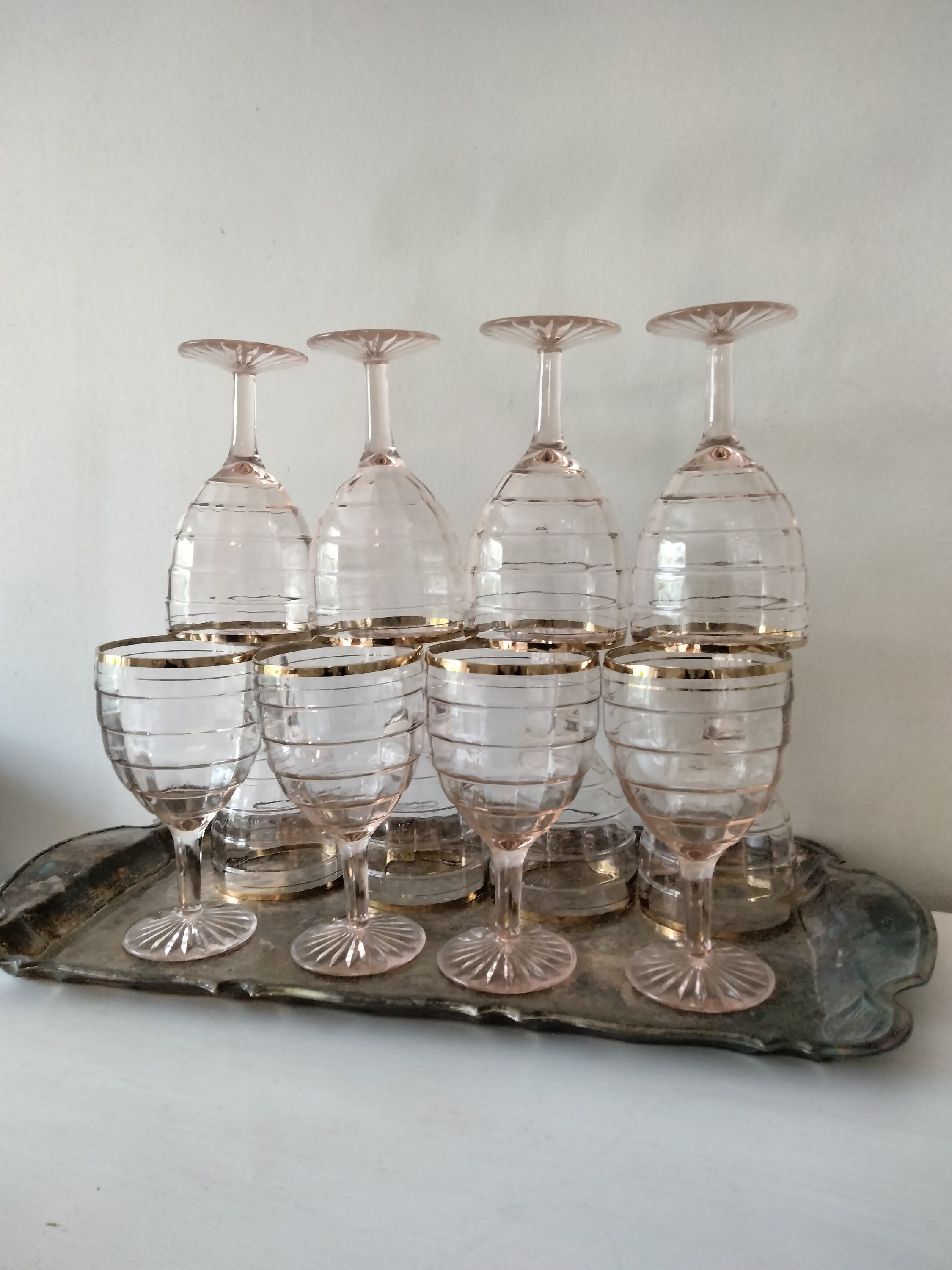 Set of 12 Light Pink Goblets/wine Glasses With a Double Gold - Etsy