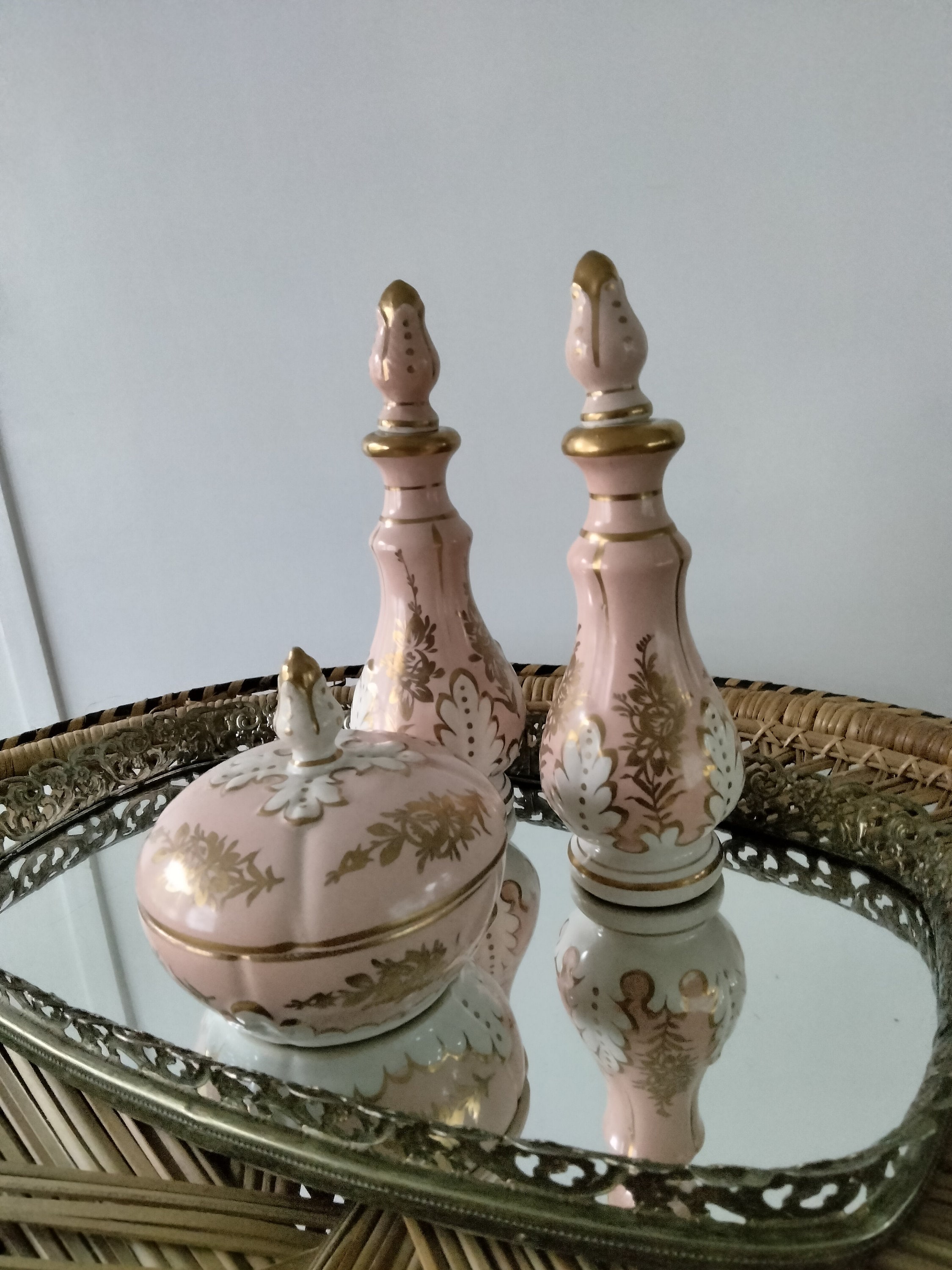 Amoges Set of 3 Hand Painted Vanity/dresser Bottles and Trinket Dish - Etsy