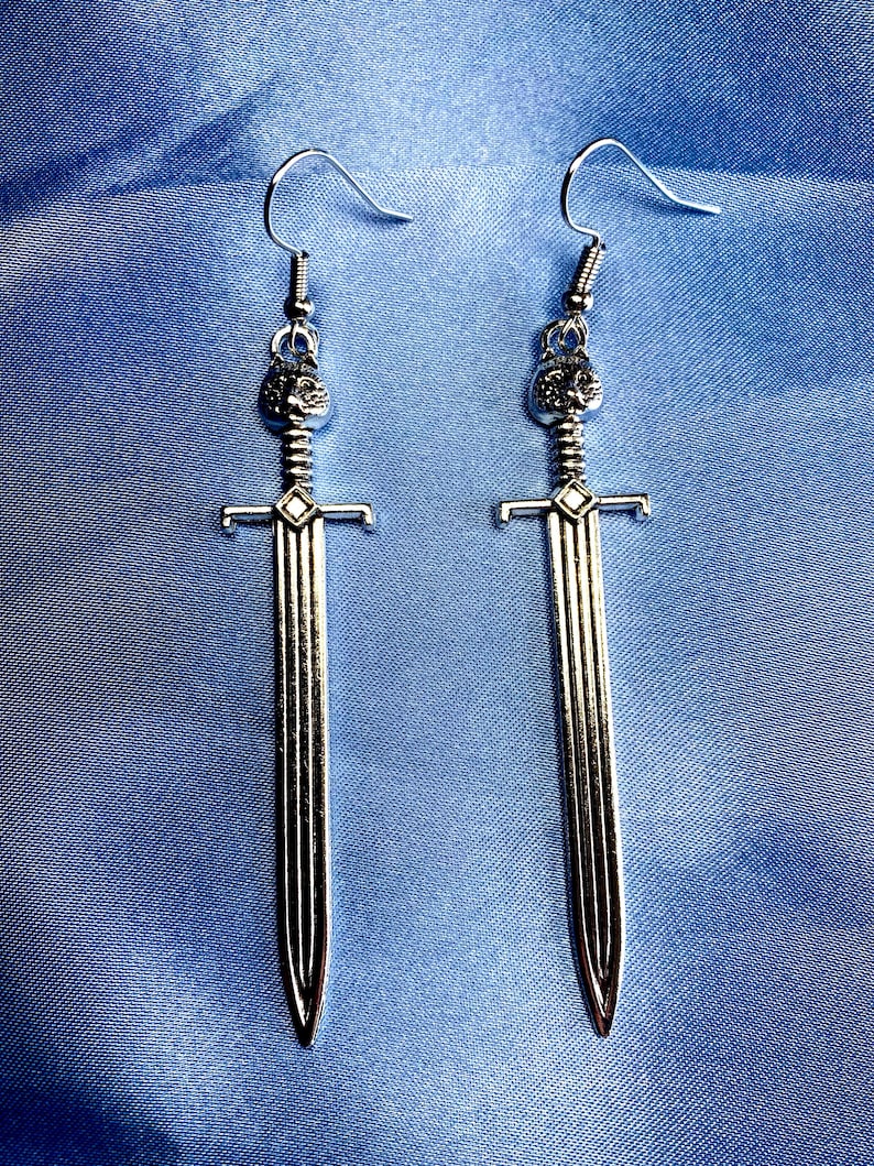 Pretty Cool Goth Emo Alt Grunge Long Silver Cat Head Sword Earrings - Etsy