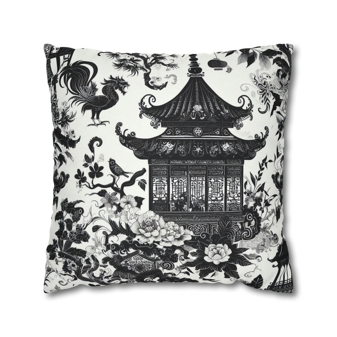 Chinoiserie Throw Pillow Cover | Black and White | Asian Decor | Pagoda ...