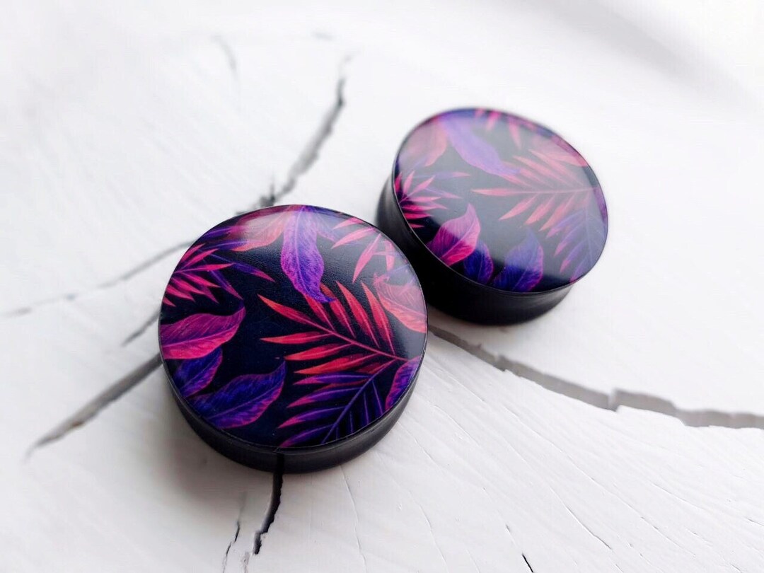 Purple Ear Plugs With Palm Leaves Leaf Plugs Ear Gauges and - Etsy