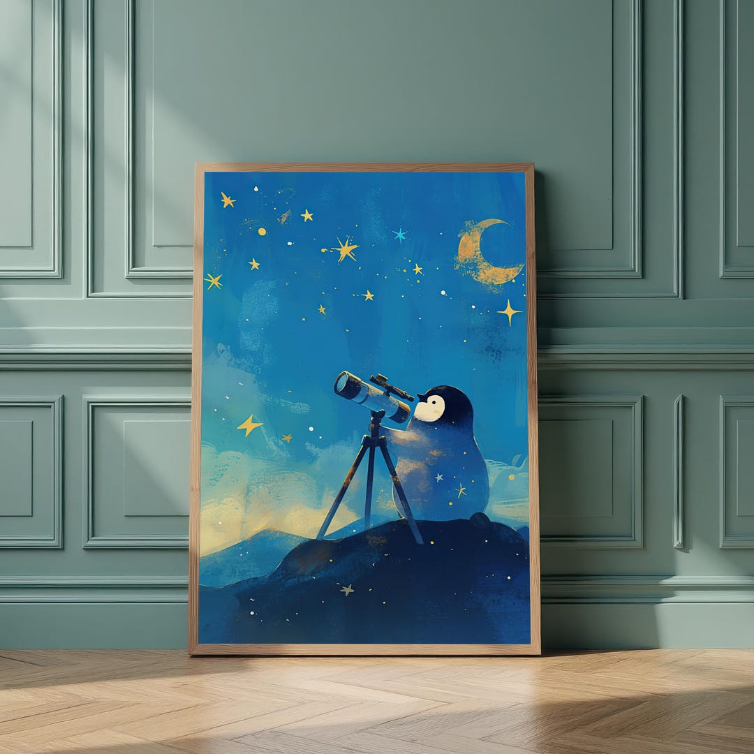 Whimsical Penguin Stargazer Wall Art Printable | Moon & Stars Nursery ...