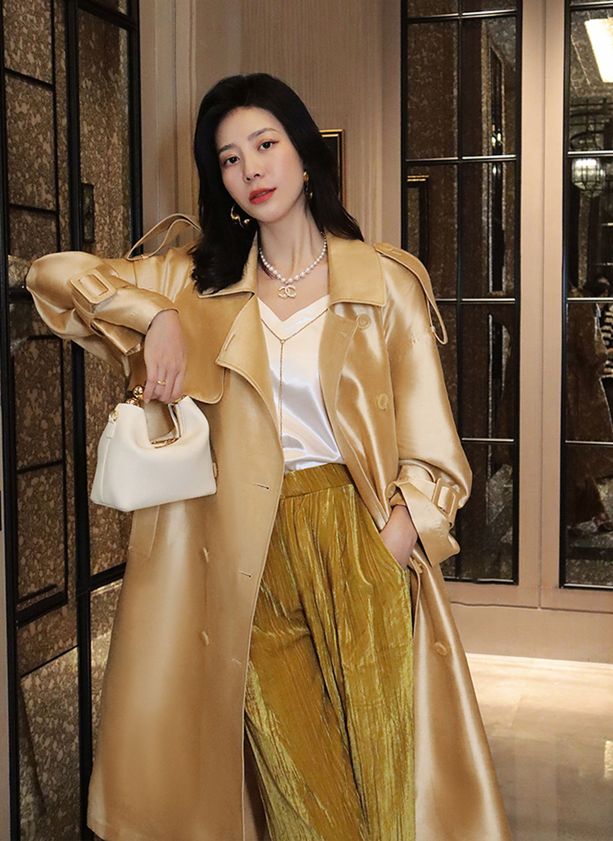 Gold Long Trenchsatin Trench Coatchampagne Long Coatwomen - Etsy