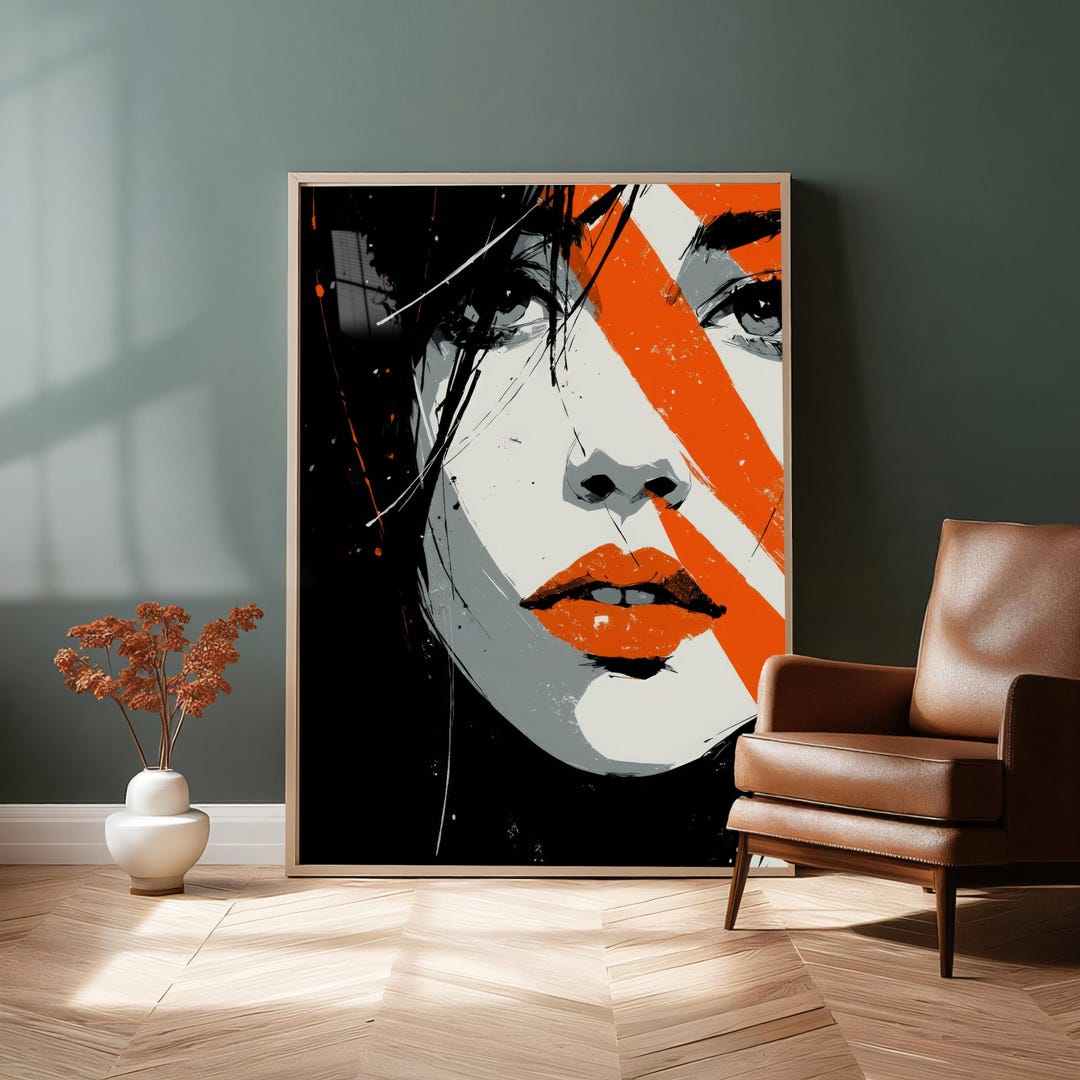 Edgy Woman Portrait Art Print: Orange & Black Modern Decor (digital ...
