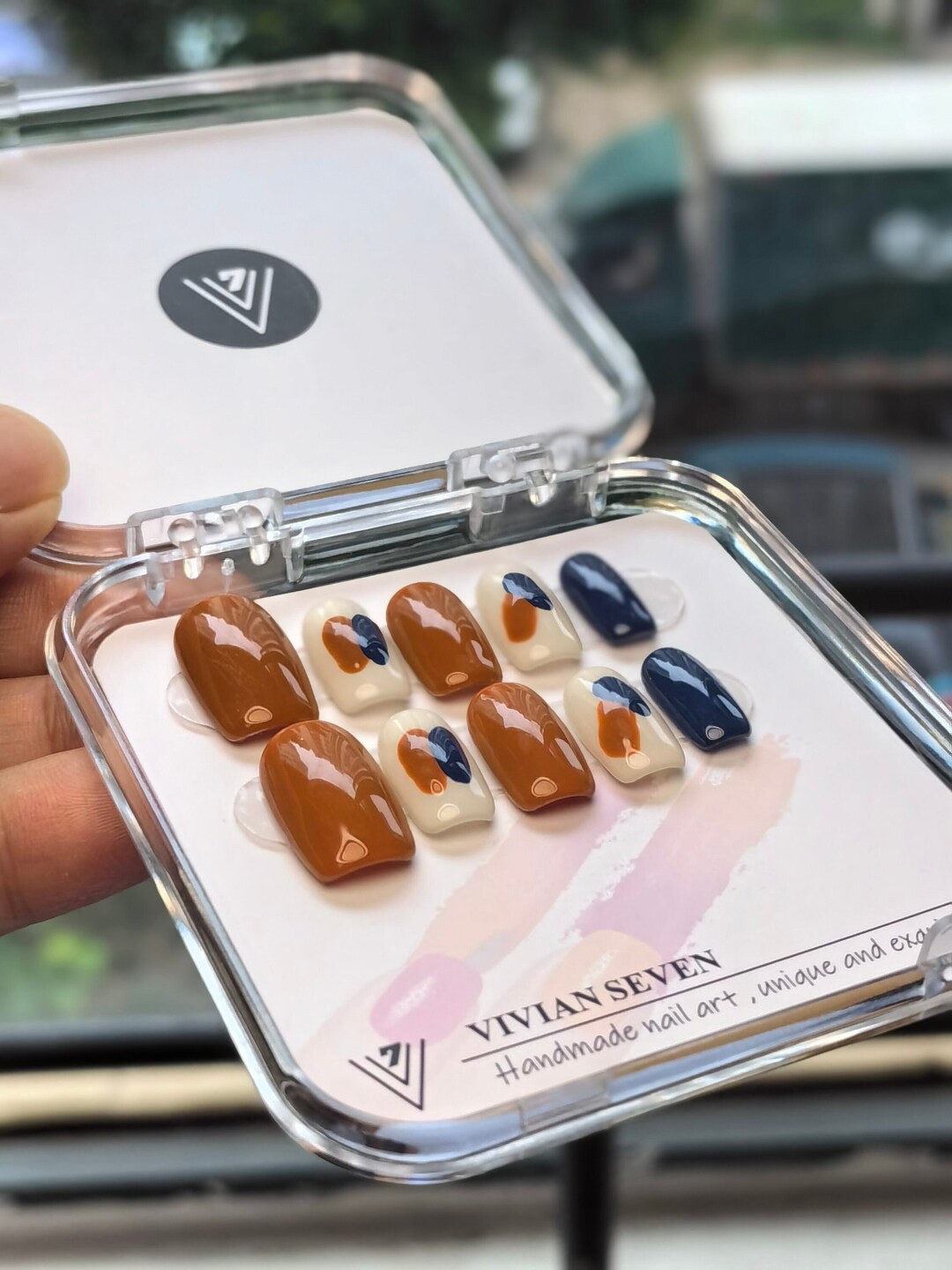 Navy Blue Chestnut Square Nails, Hand Painted Faux Press-on Nails ...