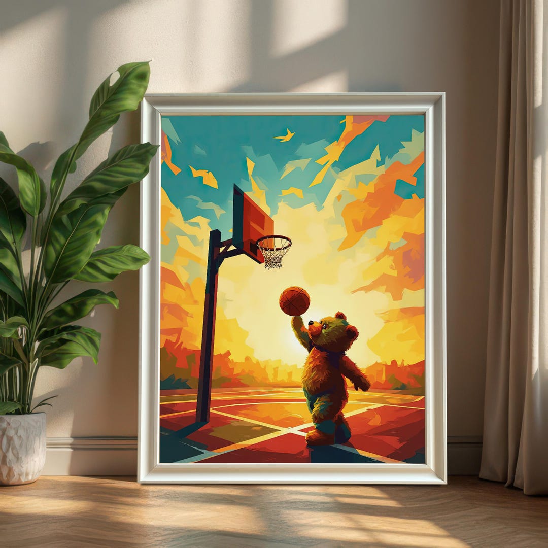 Teddy Bear Playing Basketball Wood Framed Wall Art Print, Sports Theme ...