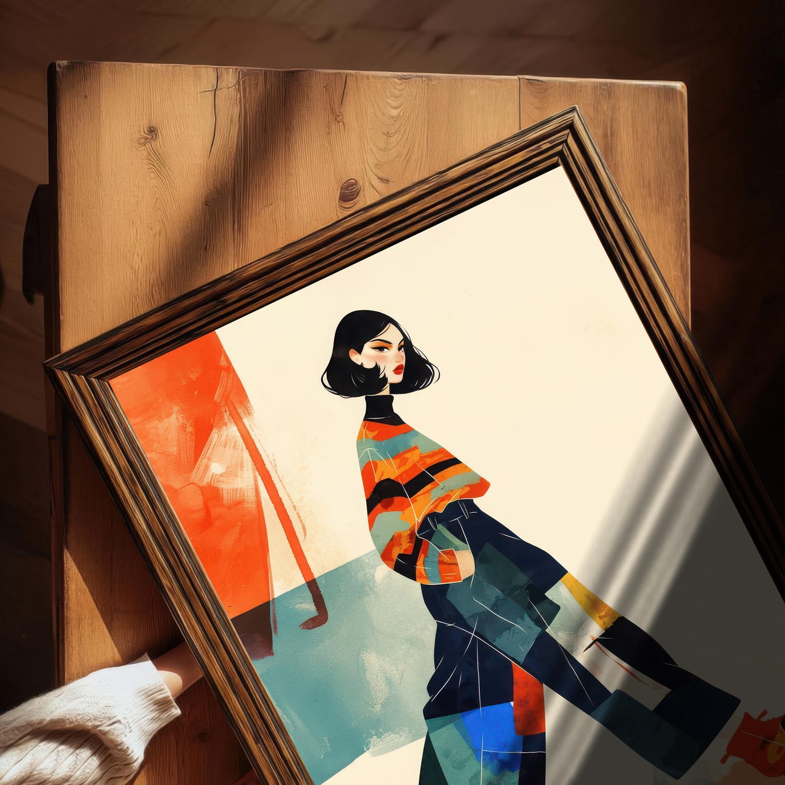 Wood Framed Stylish Woman Art Print: Colorful Geometric Fashion ...